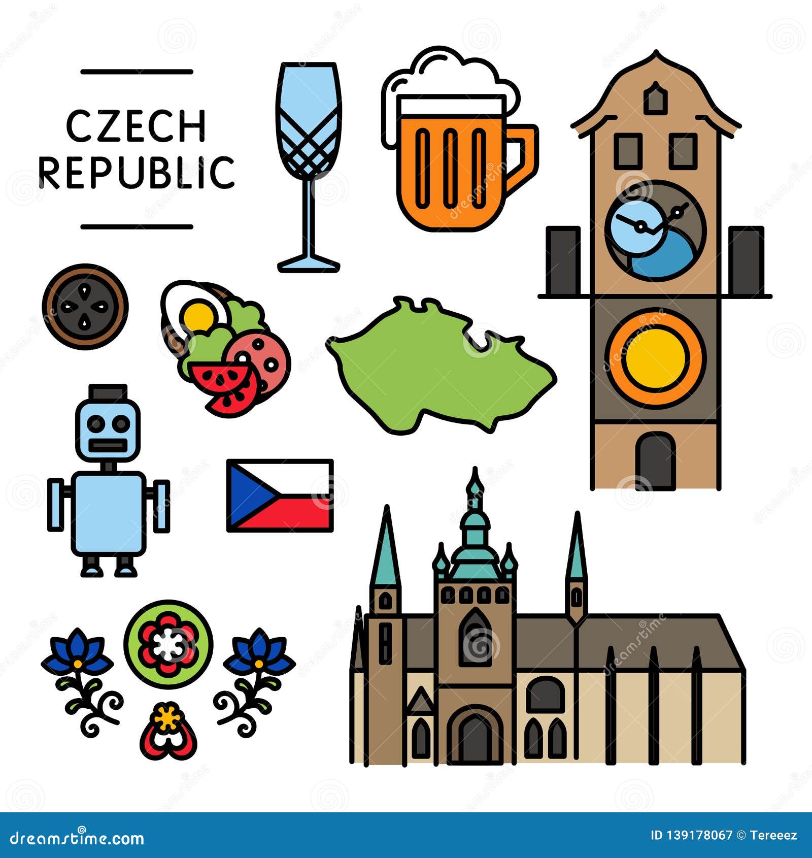 Czech Traditional Things Icons Isolated Set Colorful Stock Vector ...