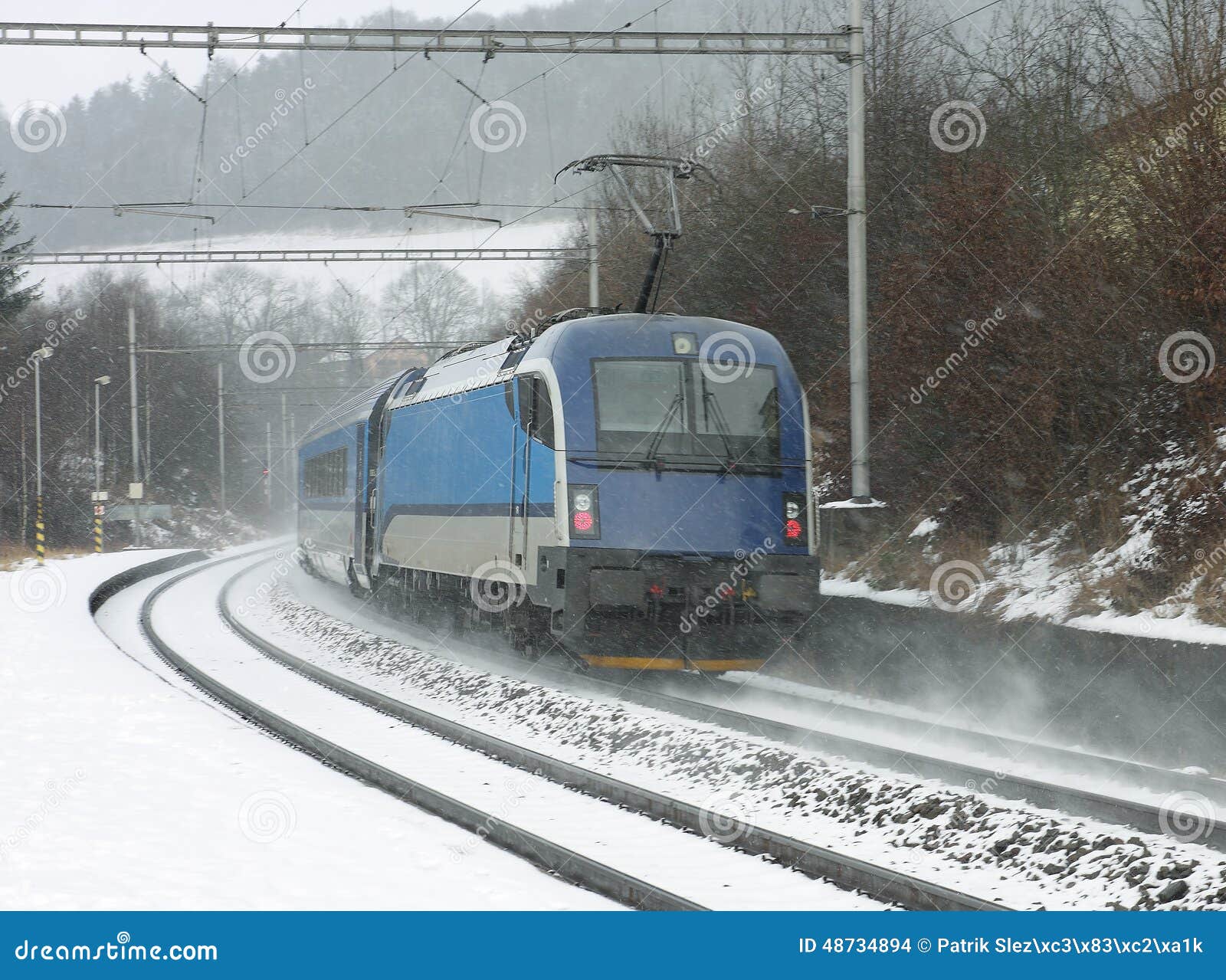 Czech Train Station at Winter with Train in a Snowstorm Stock Photo ...