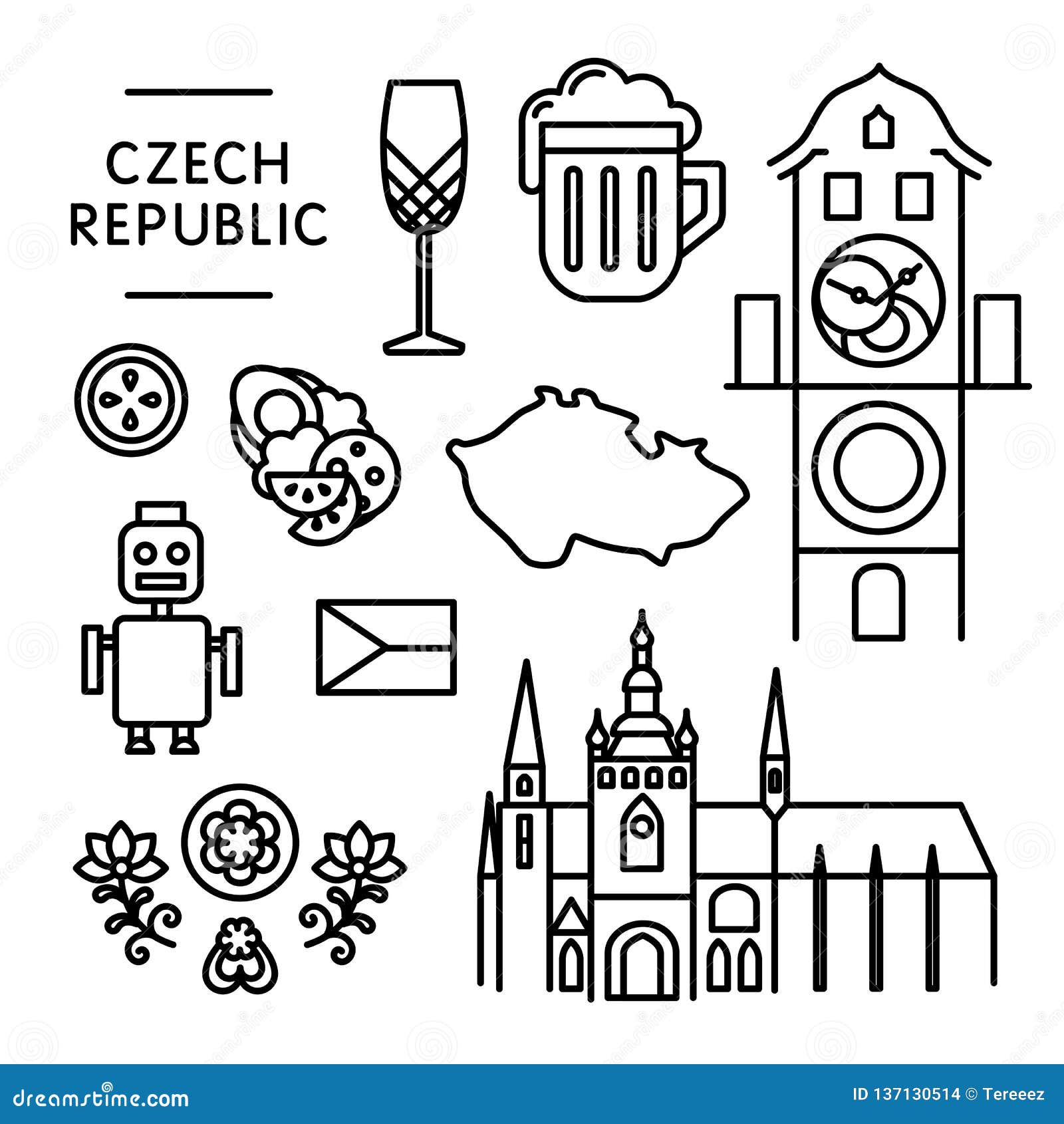 Czech Various Traditional Things Icons Isolated Black Outline Stock ...
