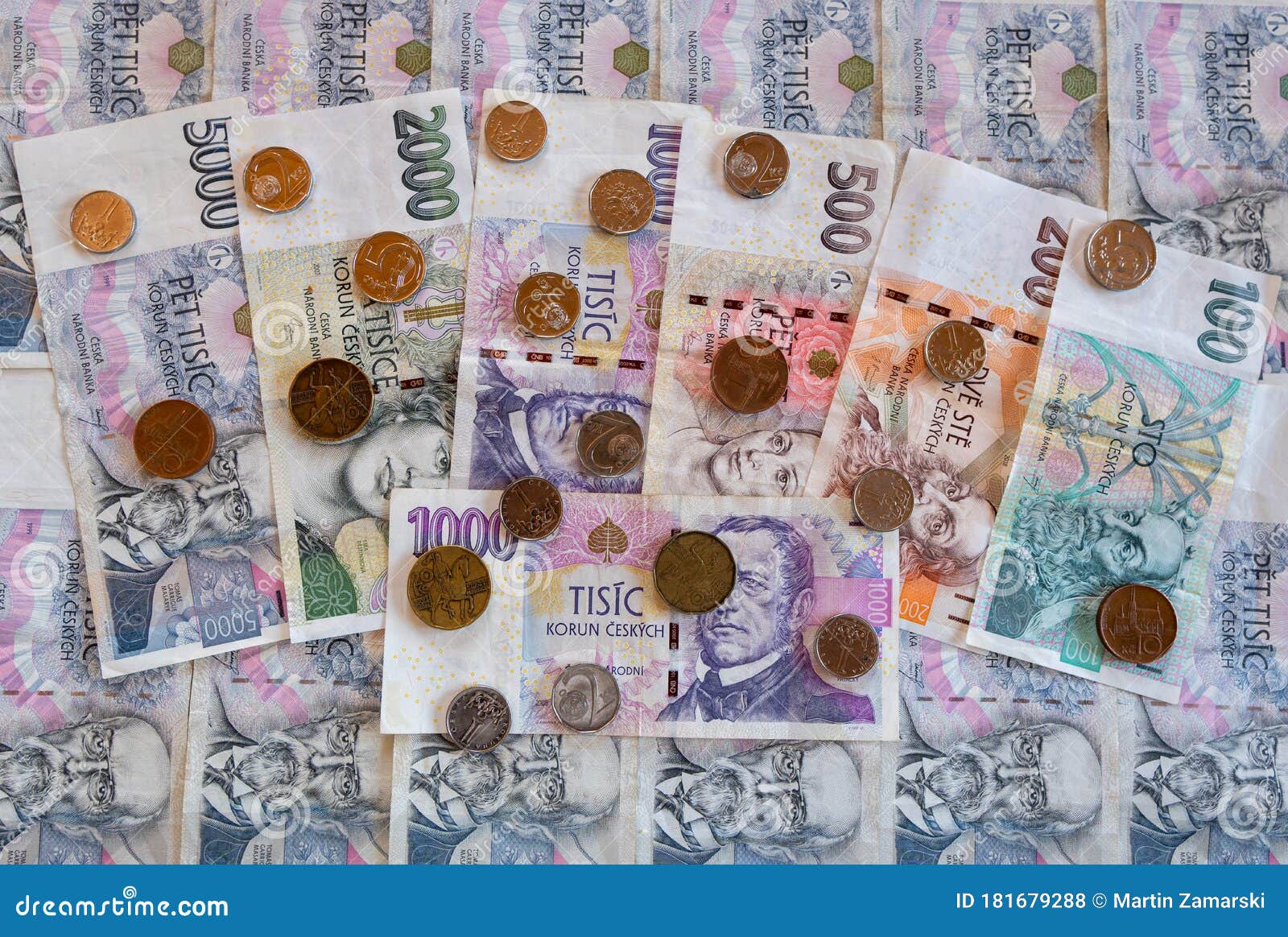 CZK Banknotes and Coins Stacked Side by Side Stock Photo - Image of ...