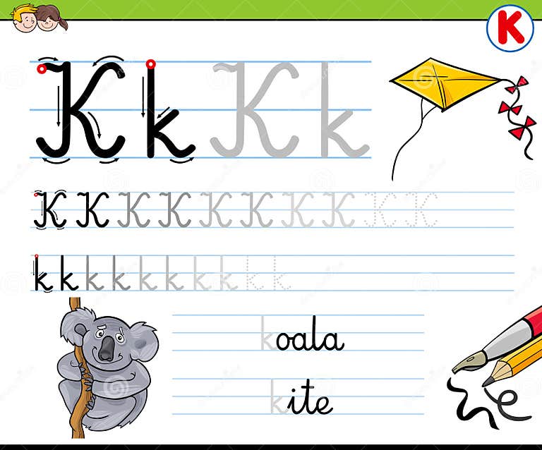Cómo Escribir La Hoja De Trabajo De La Letra K Para Los Niños Ilustración Del Vector