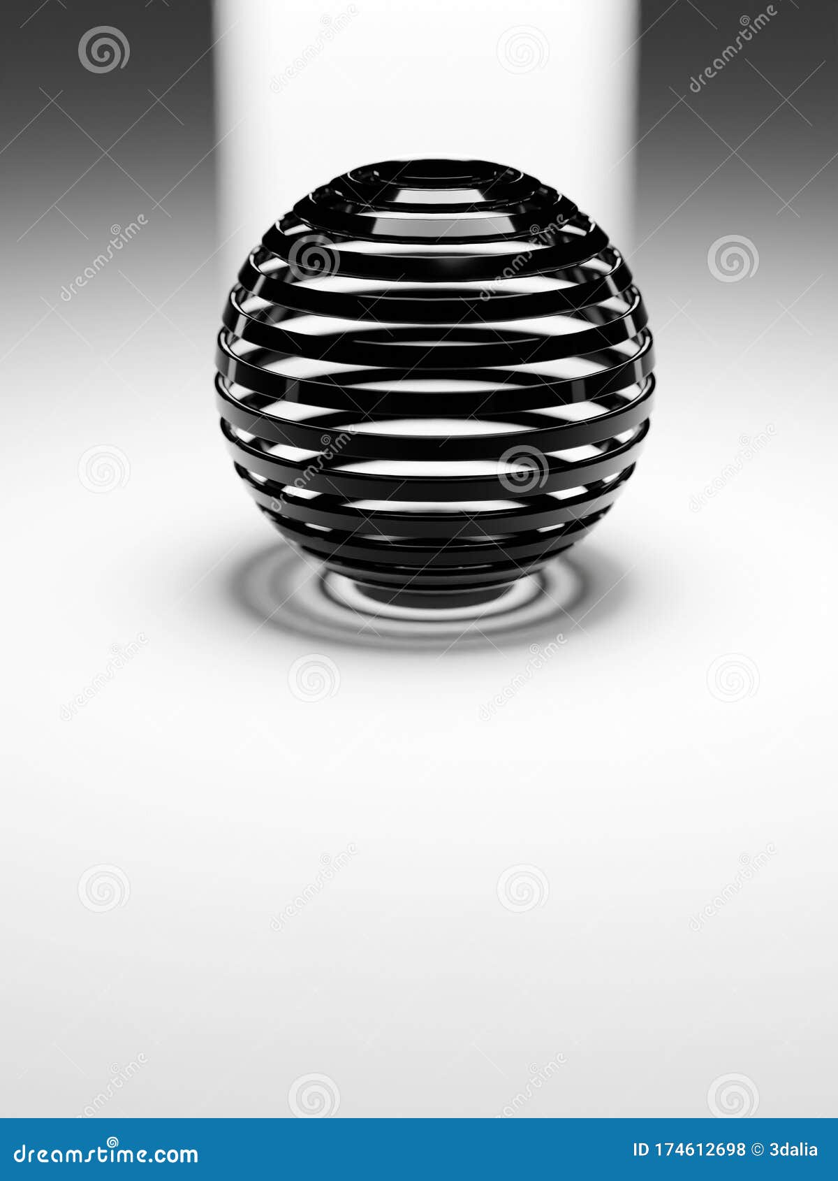 3d Abstract Black Plastic Ribbed Sphere on White Reflective Flat Floor ...
