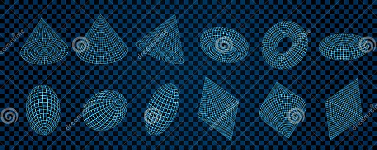 Mesh 3D Geometric Shapes Collection on Grid Backgroun Stock ...