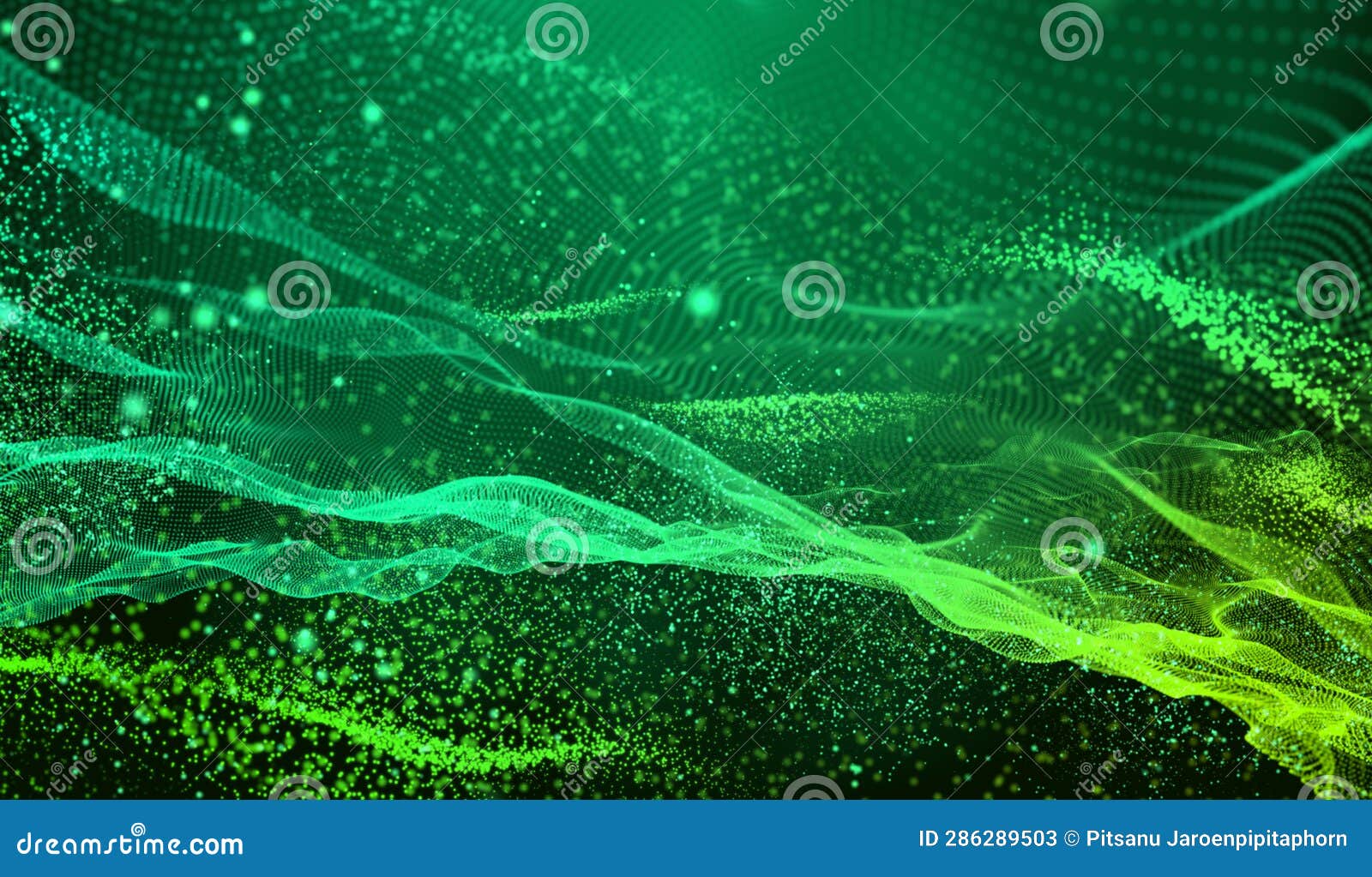 3D Abstract Digital Technology Green Particles Network Wave on Green ...
