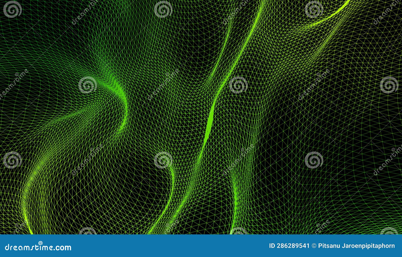 3D Abstract Digital Technology Green Particles Network Wave on Black ...