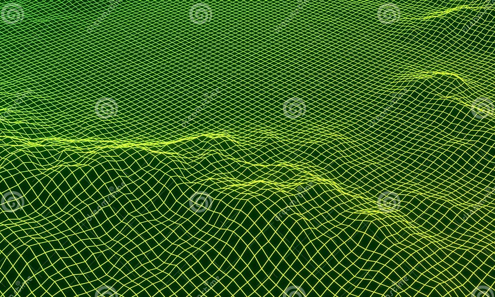 3D Abstract Grid Neon Topography. Gradient Green Mesh Terrain Stock ...