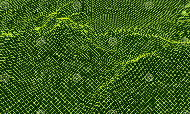 3D Abstract Grid Neon Topography. Gradient Green Mesh Terrain Stock ...