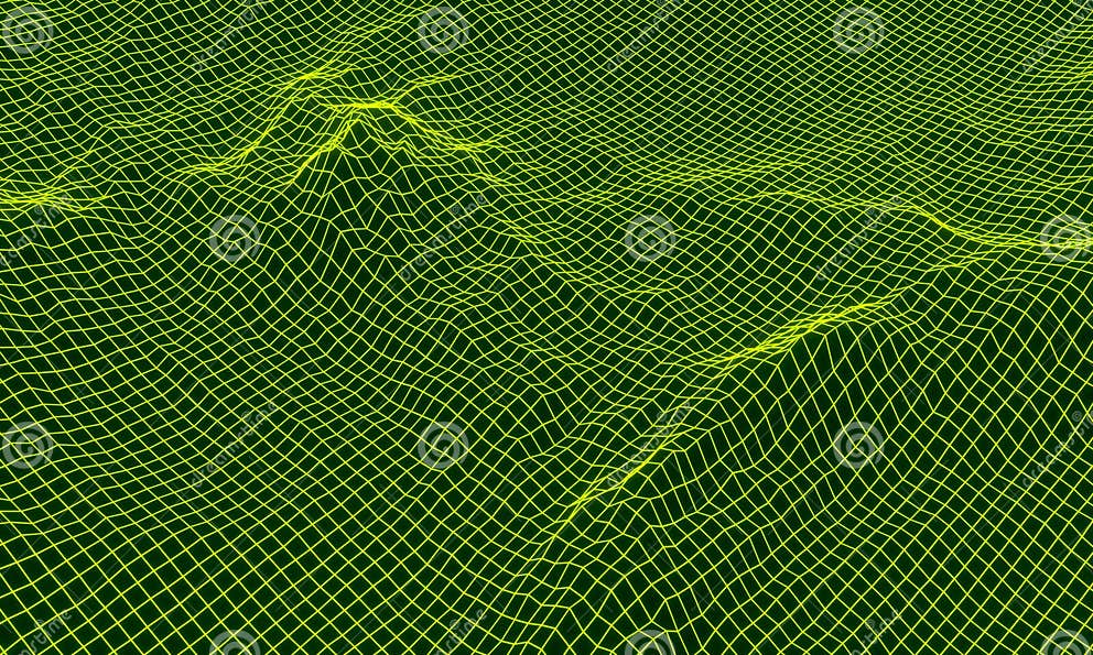 3D Abstract Grid Neon Topography. Gradient Green Mesh Terrain Stock ...