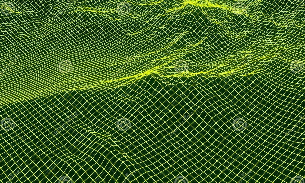 3D Abstract Grid Neon Topography. Gradient Green Mesh Terrain Stock ...