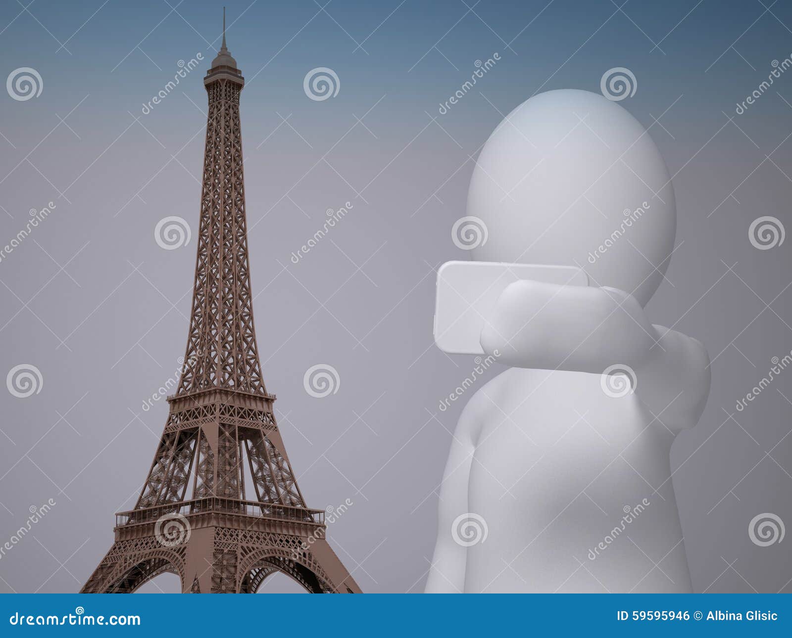 3d Abstract Human, White Man Taking Selfie In Front Of Eiffel Tower In ...
