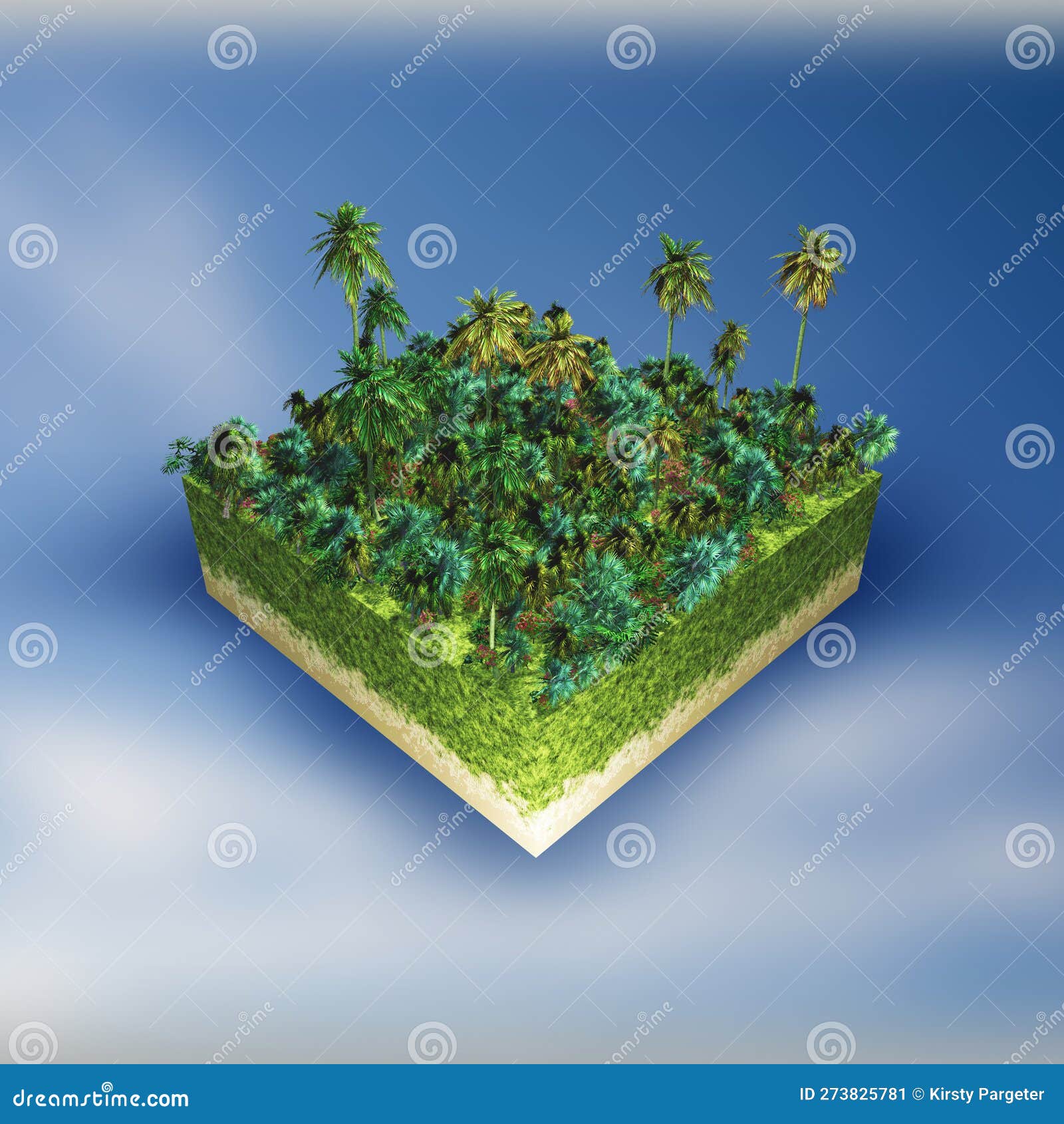 3D Abstract Landscape with a Palm Tree Cube Stock Illustration ...