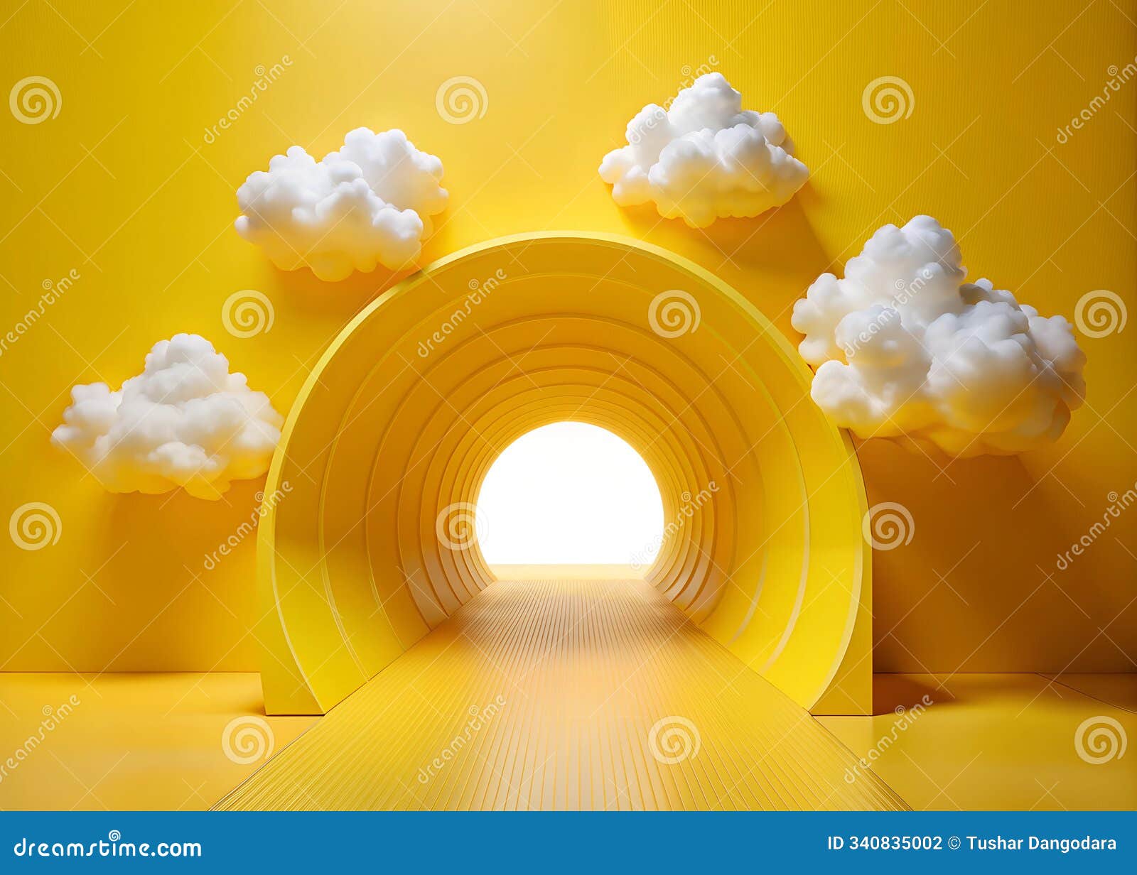 3D Abstract Minimal Tunnel with Yellow Background and White Cloud Stock ...