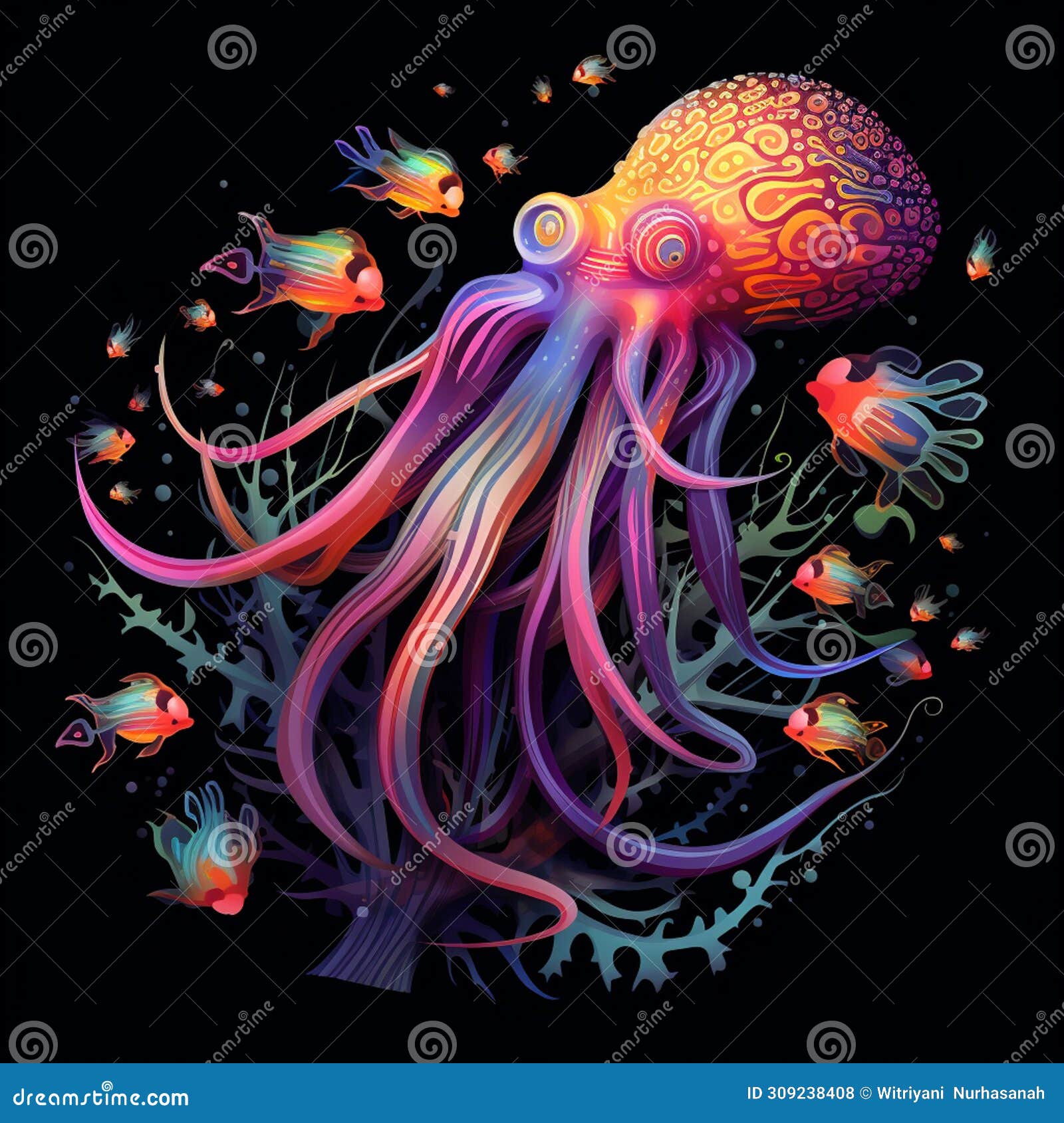 2D Abstract Paint Squid, Surrounded by Coral Reef, Black Background ...