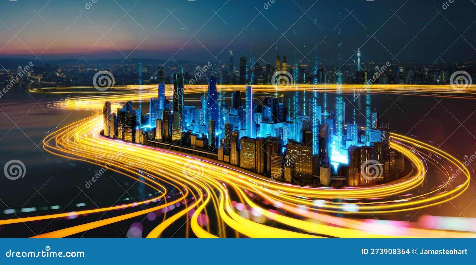 3D Abstract Speed Light Flow through the City with Gradient and ...