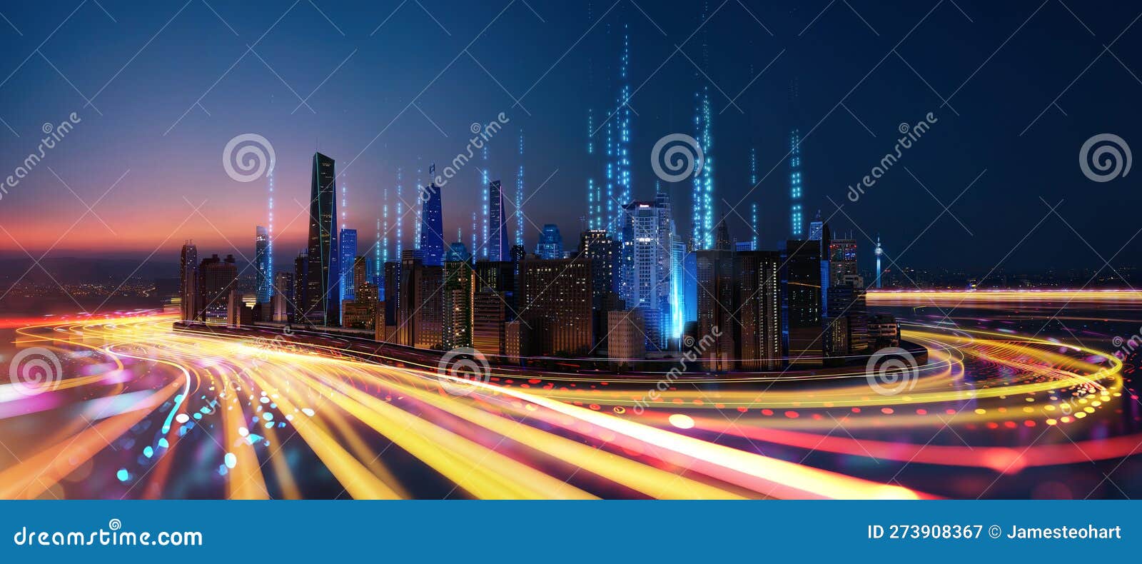 3D Abstract Speed Light Flow through the City with Gradient and ...