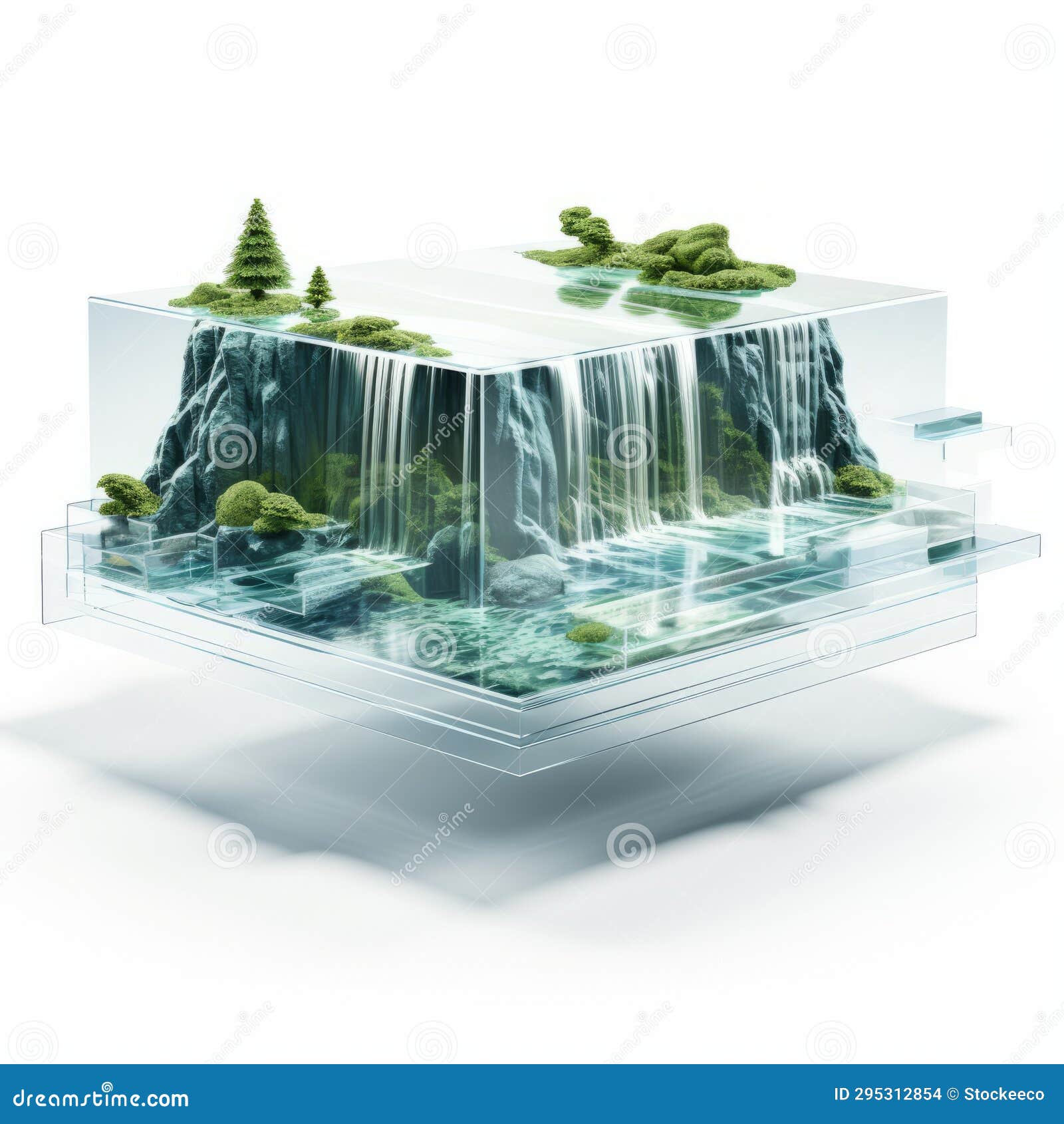 3d Abstract Waterfall with Forest and Grass on White Background Stock ...