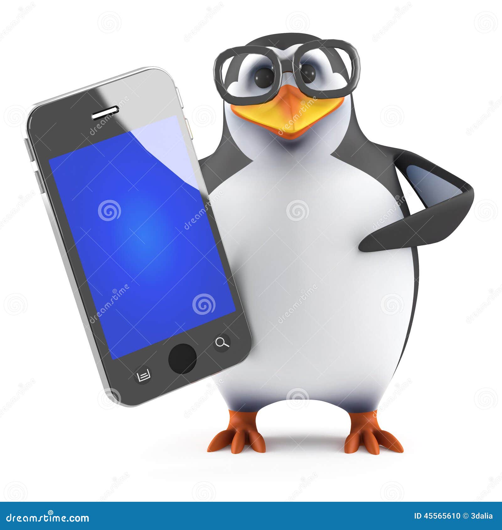 3d Academic Penguin Holding a Smartphone Stock Illustration ...