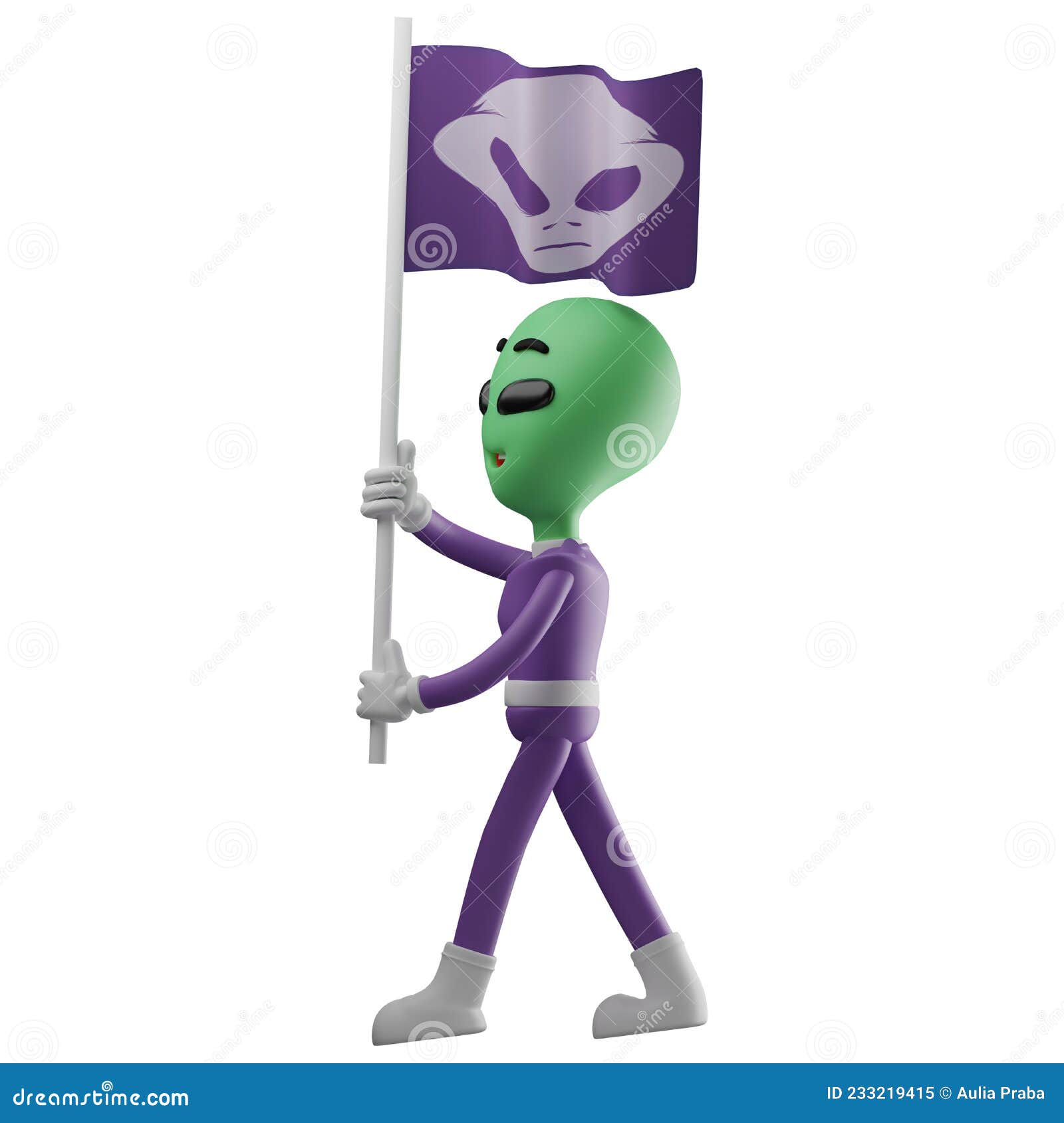 3D Alien Cartoon Illustration Holding a Flag in Front Stock ...