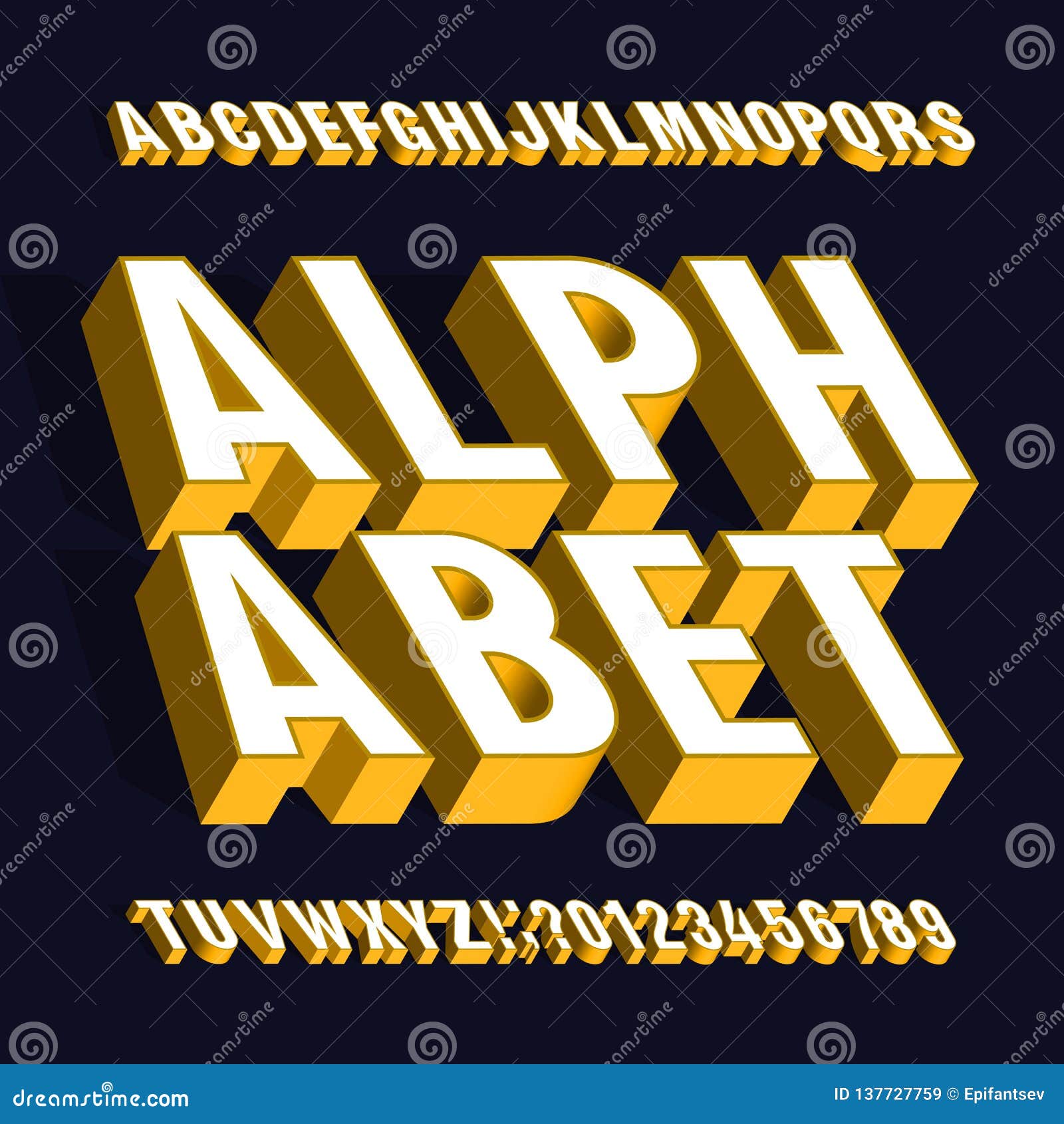 3D Alphabet Font. 3d Effect Letters and Numbers in White and Yellow ...