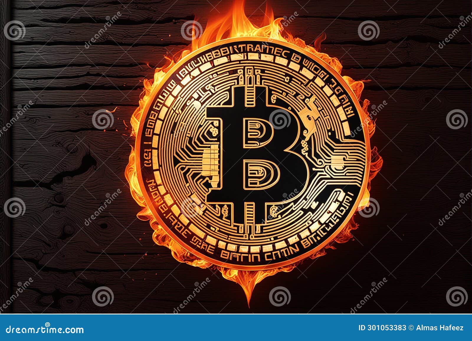 3d Amazing Visual Effects of Bitcoin Burning in Fire Placing on Wood ...