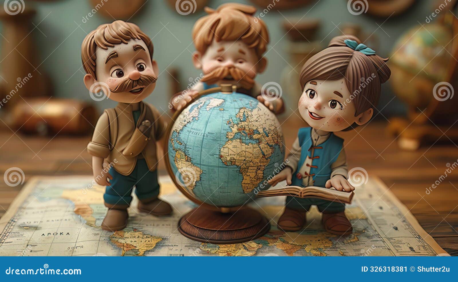 3D Animated Group Studying a Globe World Exploration Theme Perfect for ...