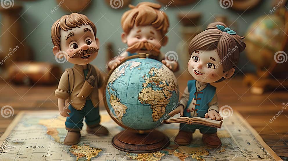 3D Animated Group Studying a Globe World Exploration Theme Perfect for ...