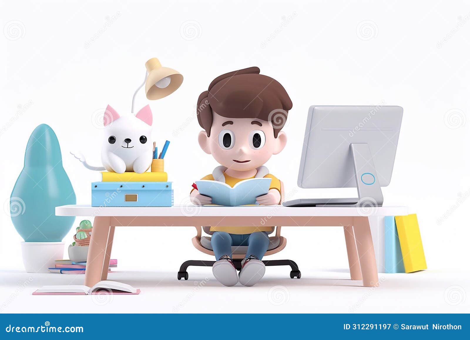 3D Animated Illustrations, Boy Studying from Home, Online Learning ...