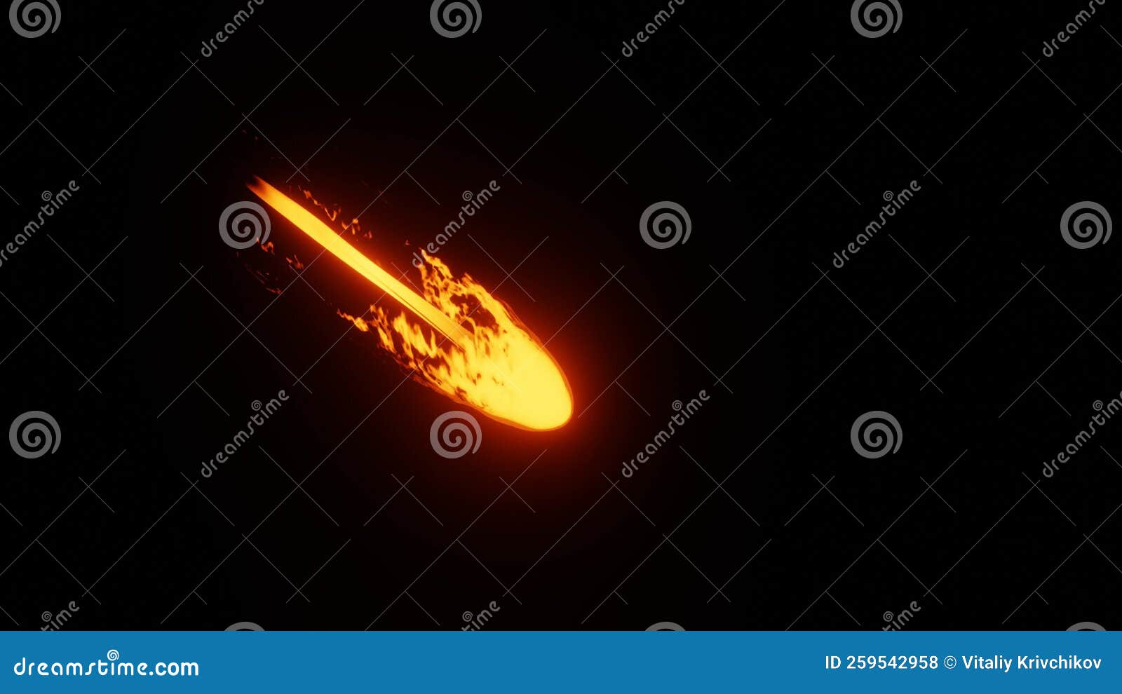 3d Animation Burning Comet or Meteor with Fiery Tail is Flying on Black ...
