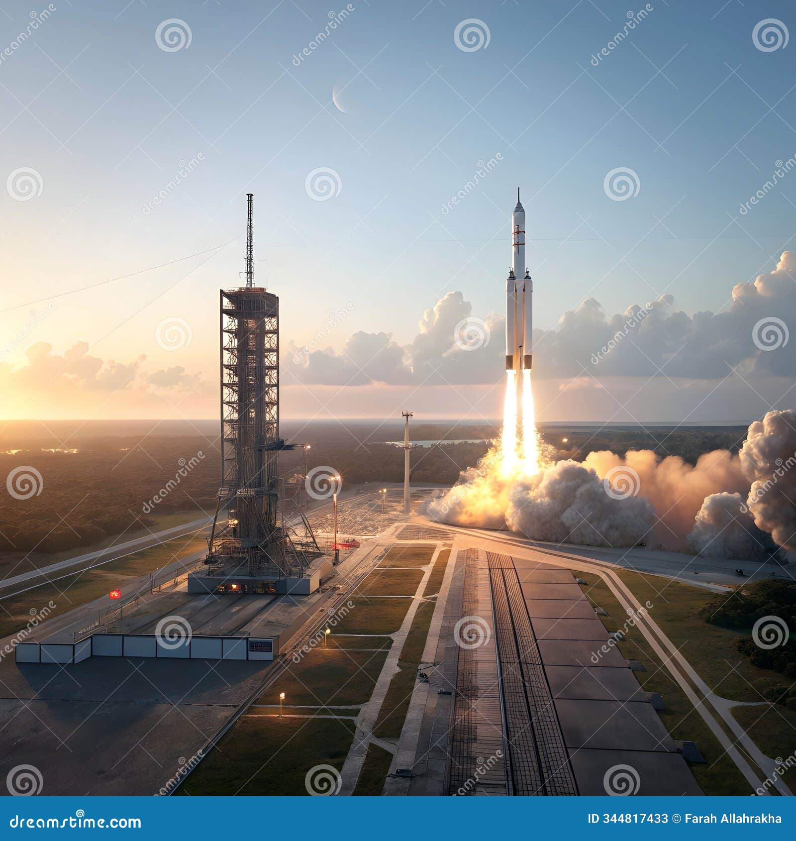 A 3D Animation Depicting a Rocket Launching at Dawn Stock Illustration ...