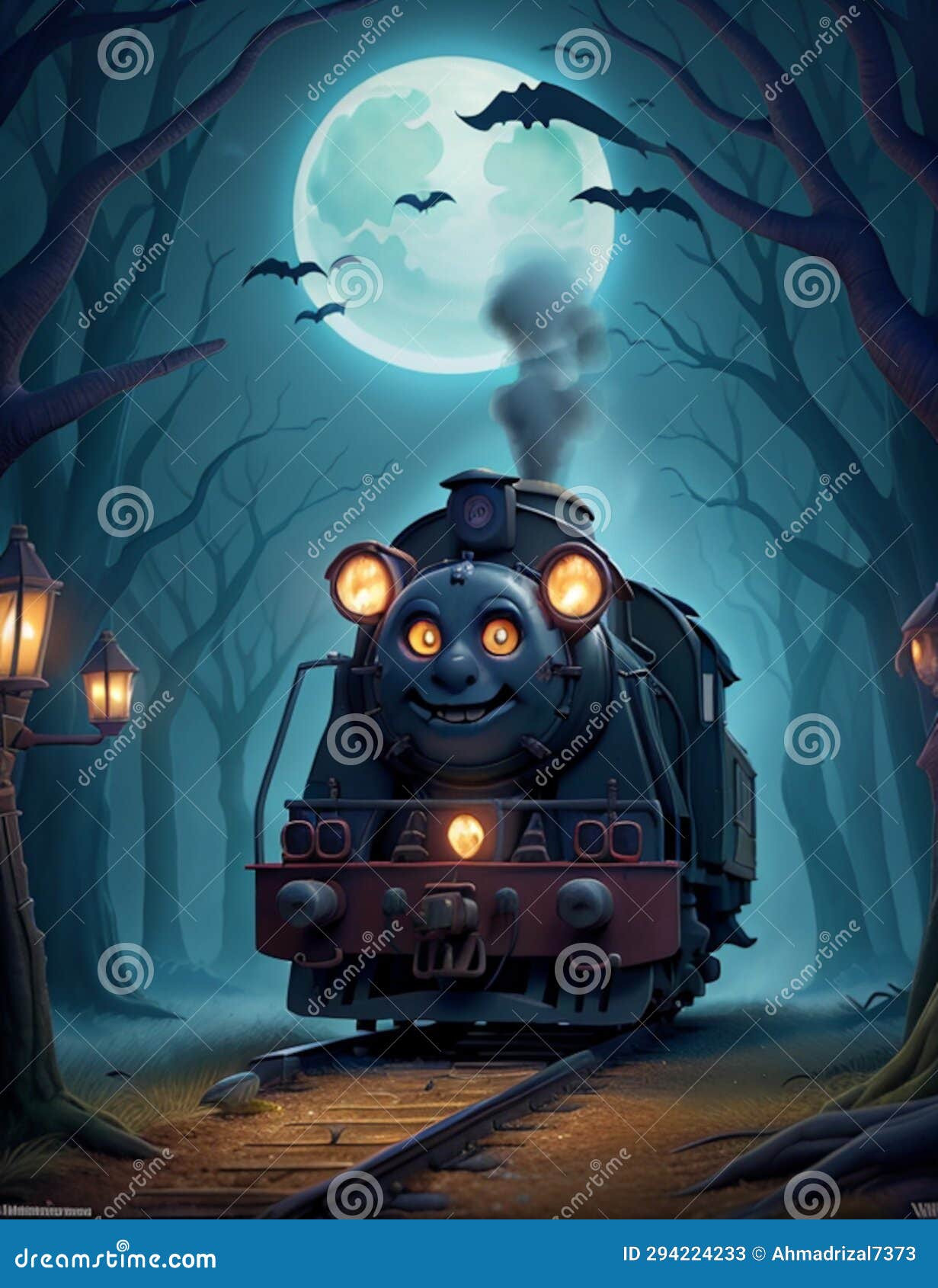 3D Animation of a Helloween Train at Night Traveling in a Creepy Forest ...
