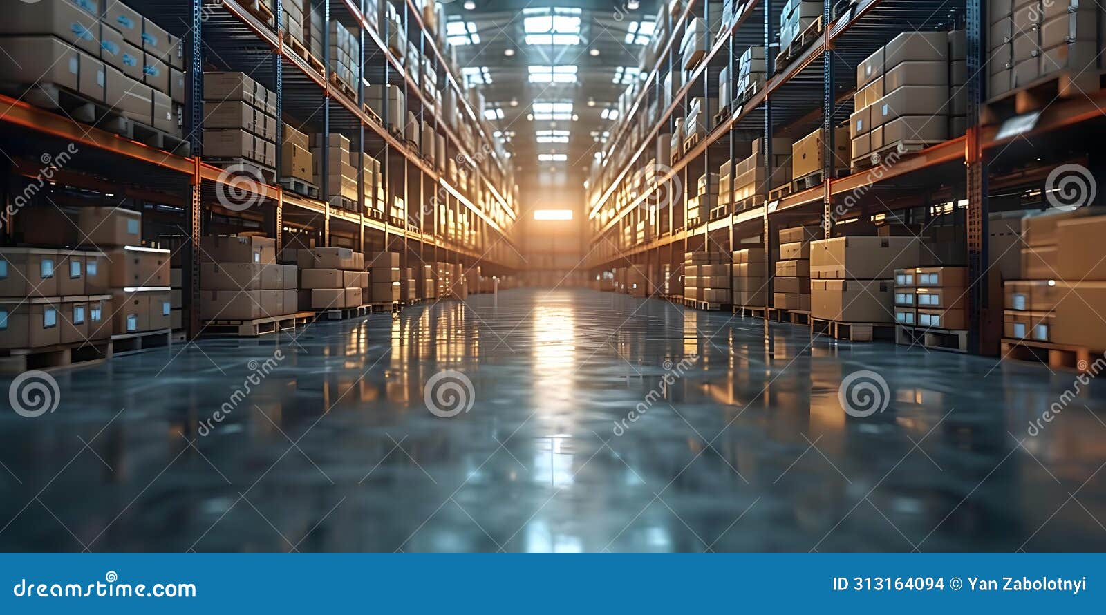 A 3D Animation of a Large Warehouse with Cardboard Boxes on Shelves ...