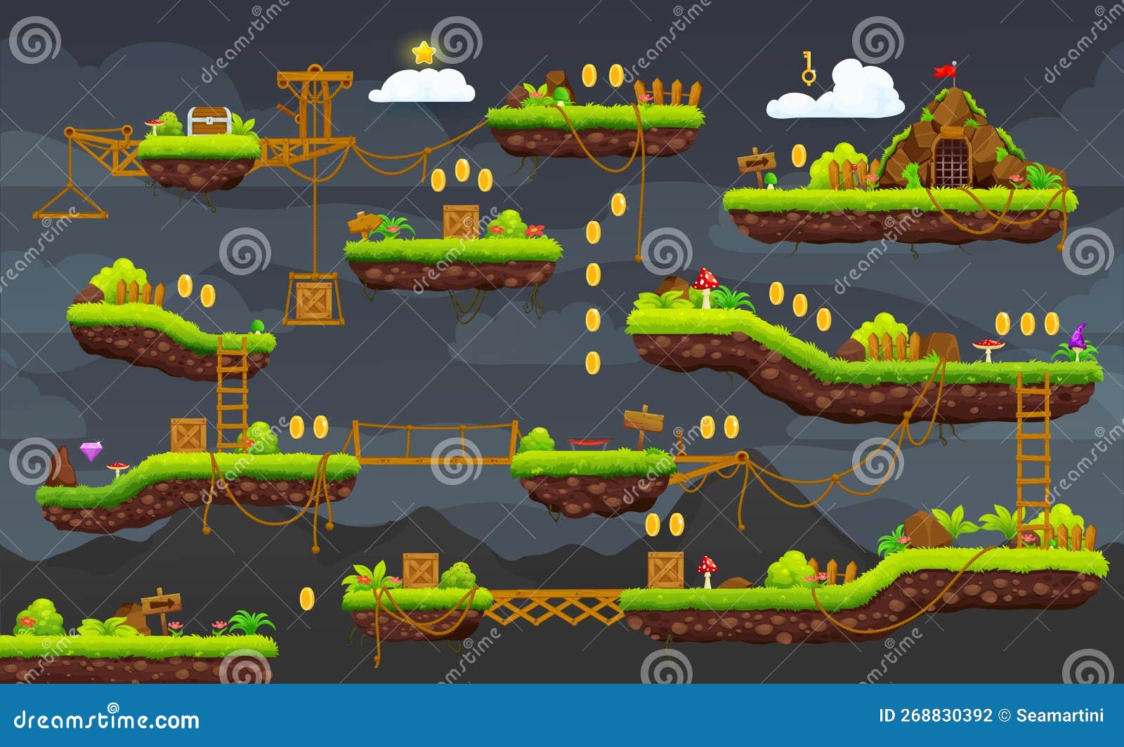 2d Arcade Retro Game Night Level Map Interface Stock Vector