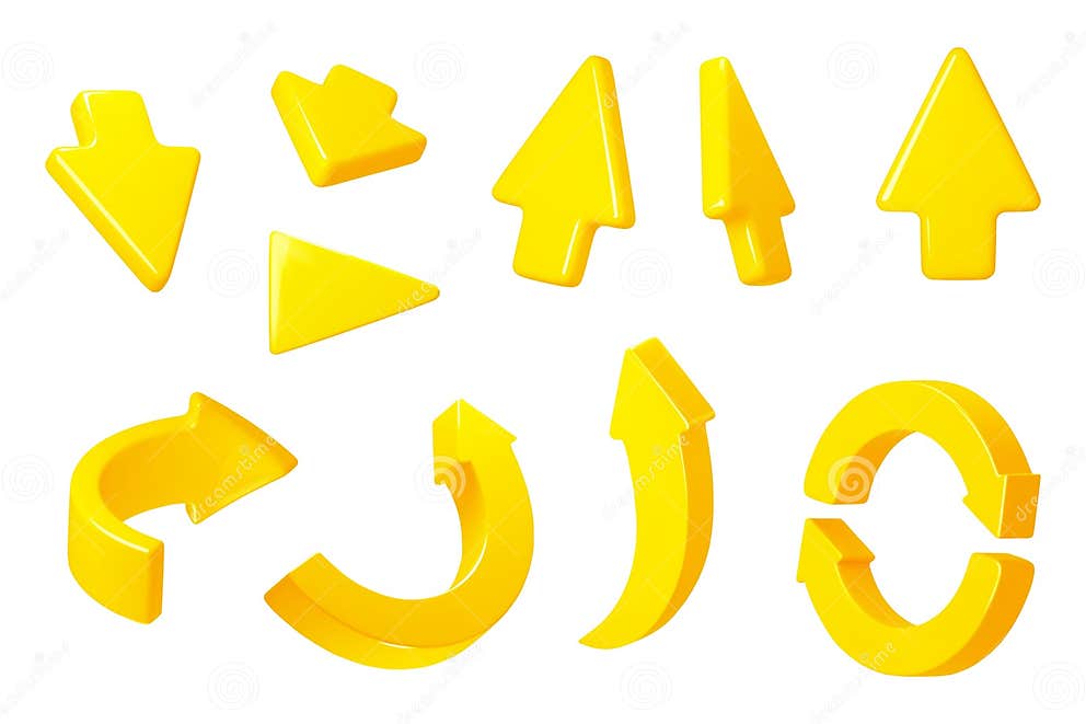 3d Arrows and Pointers. Yellow Interactive Cursors, Different Directions and Forms, Turns ...