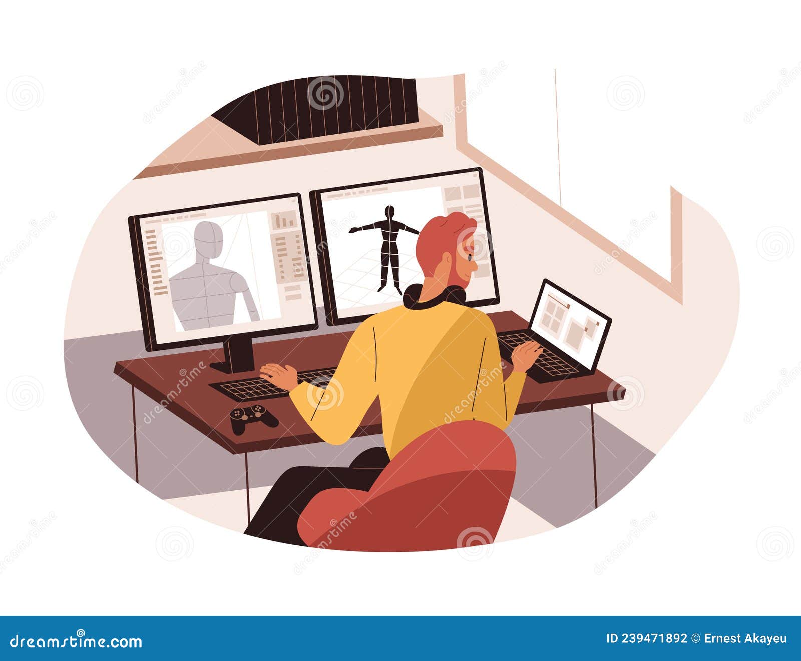 3d Artist Drawing Model with Desktop and Laptop Computers. Digital ...