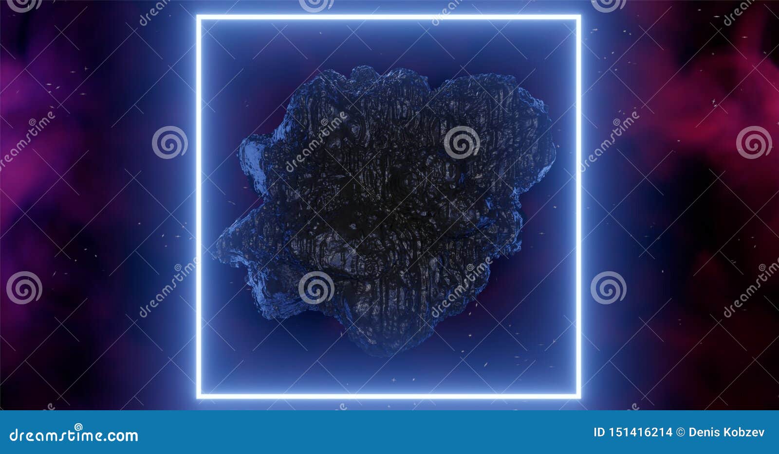 3d Rendering. an Asteroid in Space among Gas Clouds Lit by a Light Blue ...