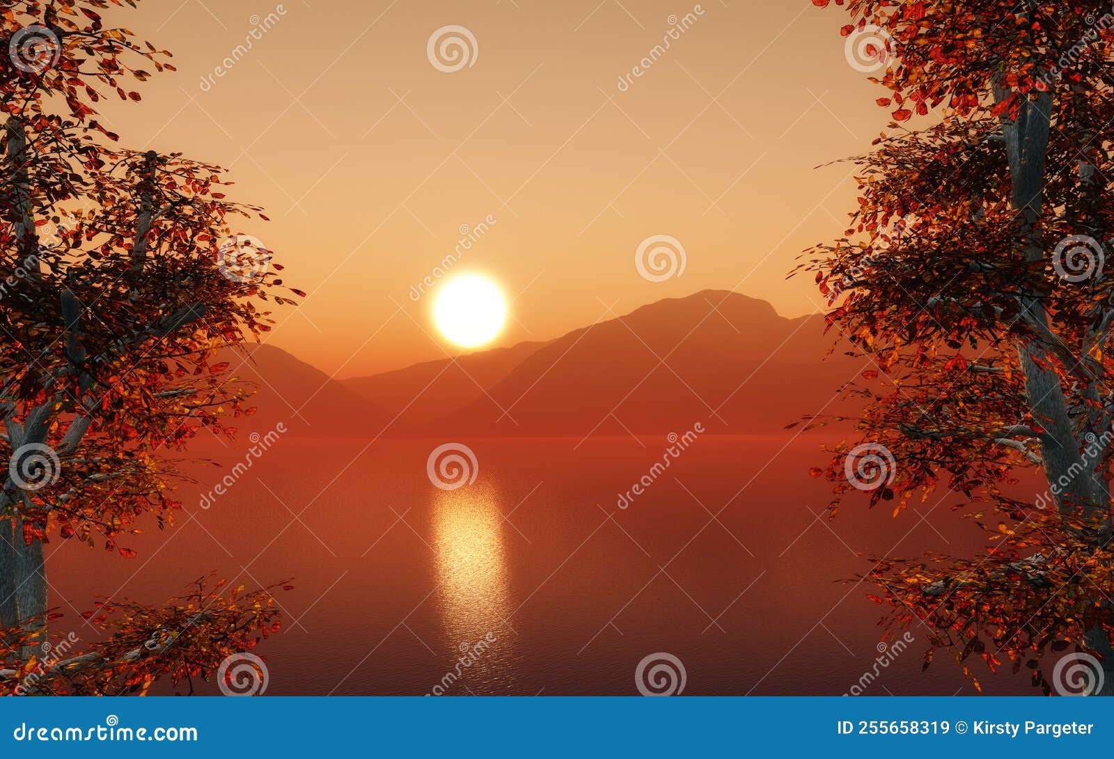 3D Autumn Landscape with Sunset Sky Stock Illustration - Illustration ...