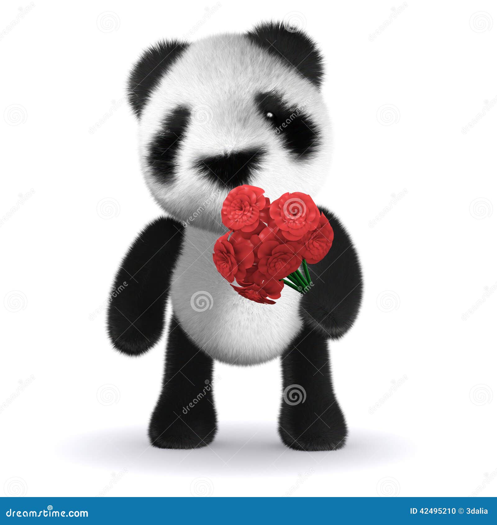 3d Baby Panda Bear Has a Red Rose Stock Illustration - Illustration of ...