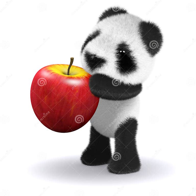 3d Baby Panda Eats an Apple Stock Illustration - Illustration of ...