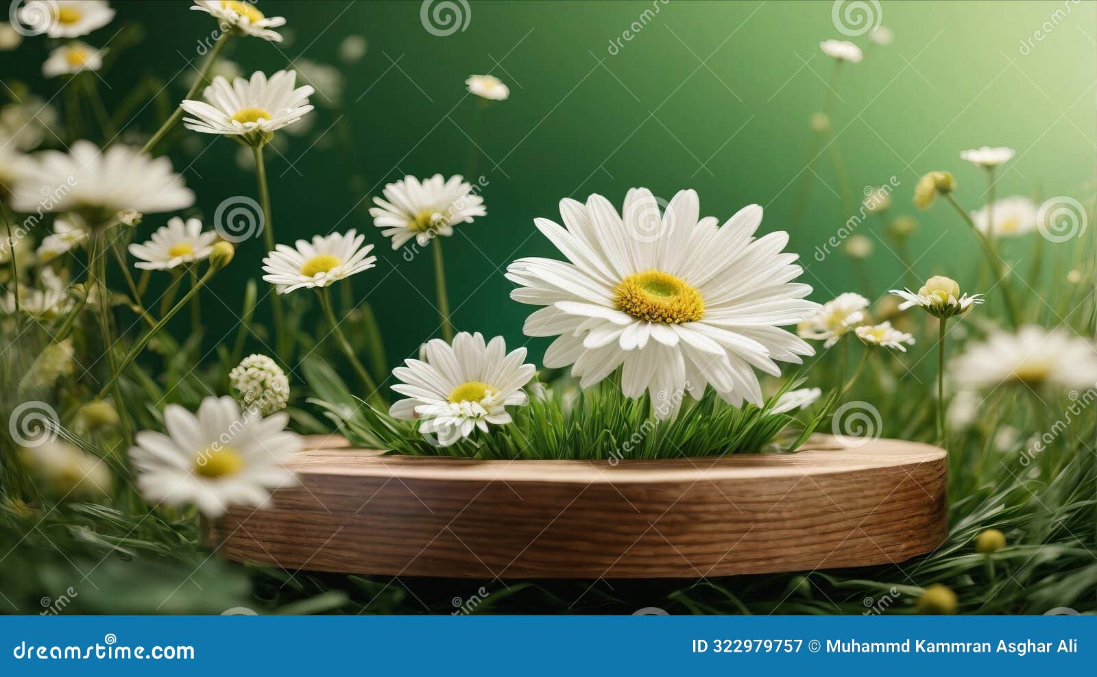 3D Background, Wood Podium Display. White Daisy Flower Falling. Stock ...