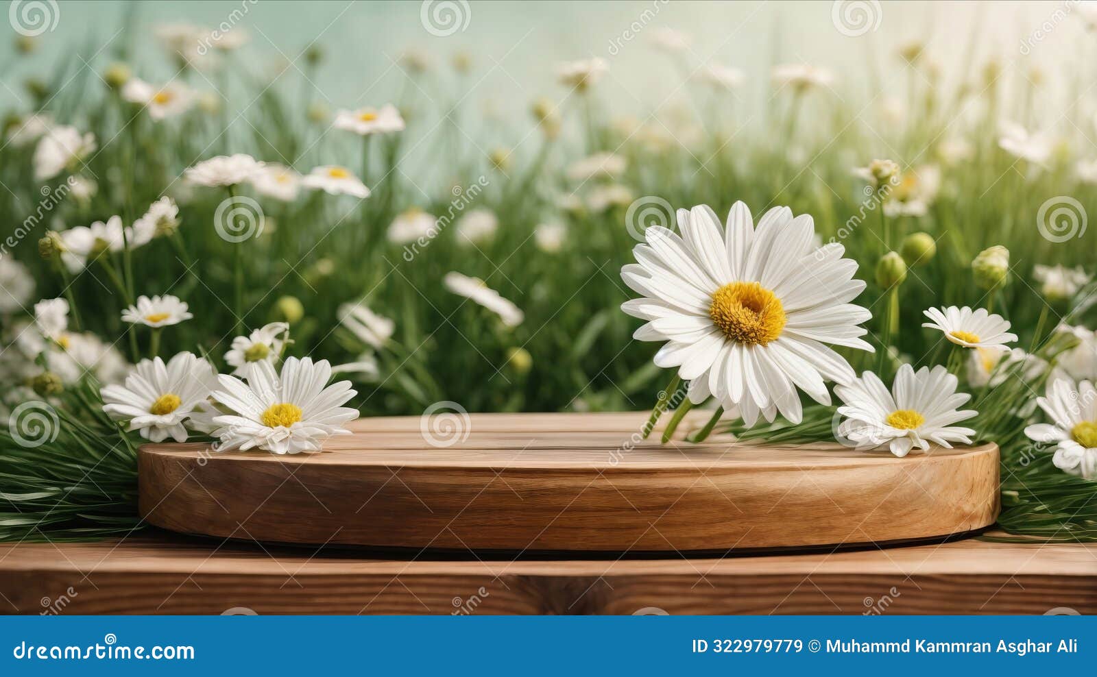 3D Background, Wood Podium Display. White Daisy Flower Falling. Stock ...