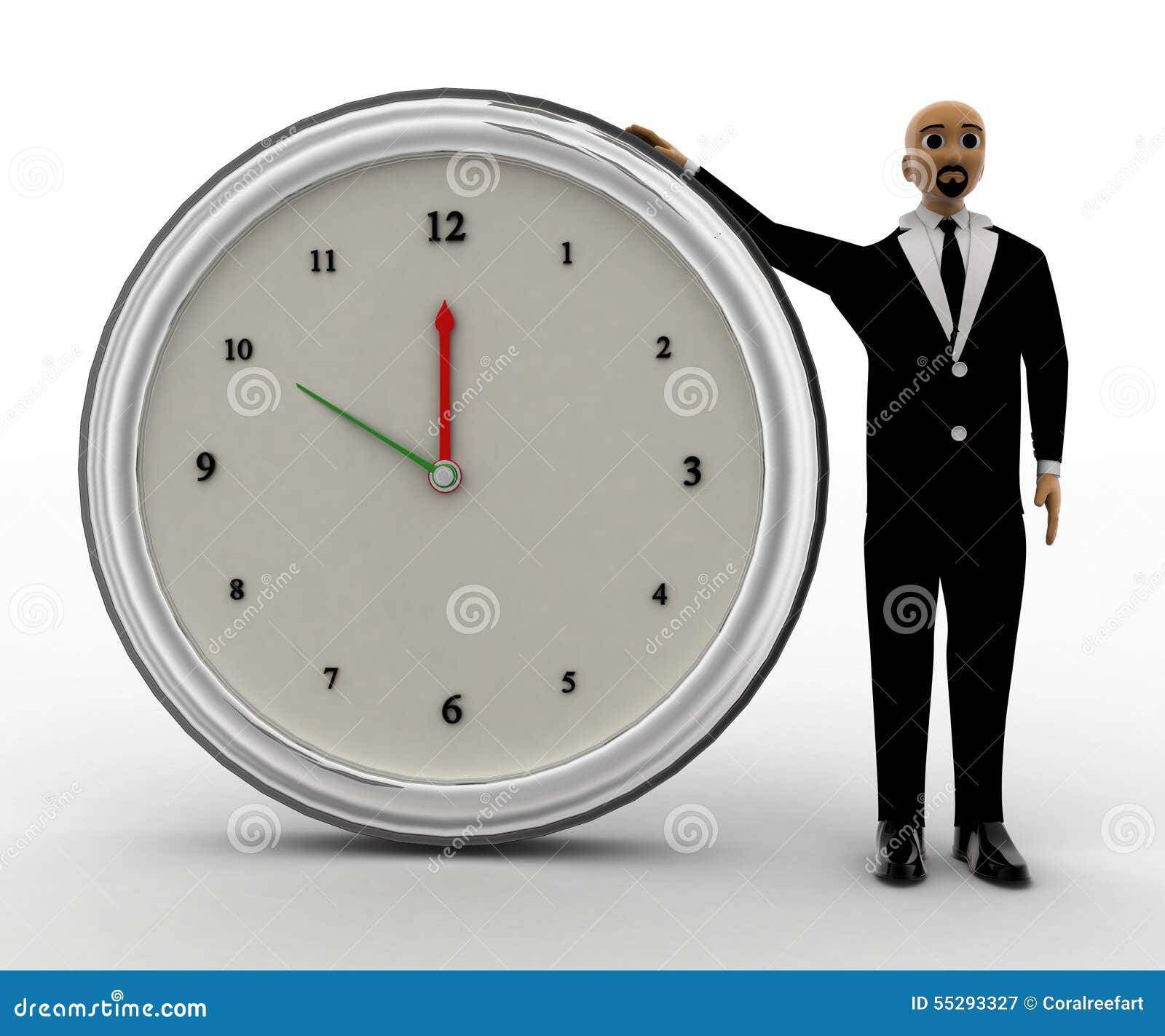 3d Bald Head Man Standing with Big Clock Stock Illustration ...