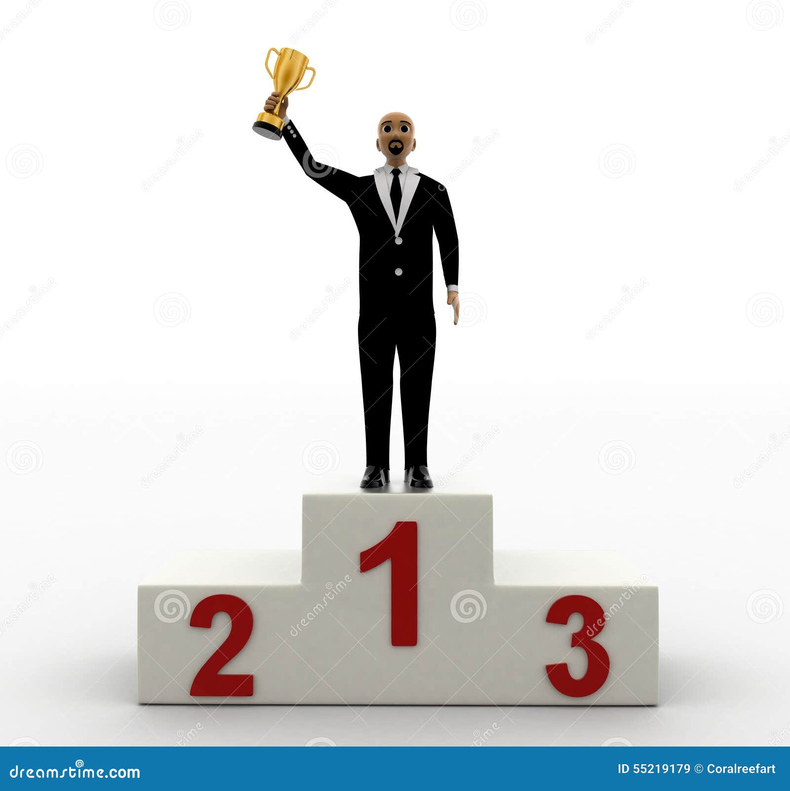 3d Bald Head Man Standing on Top 3 Winner with Cup Stock Illustration ...
