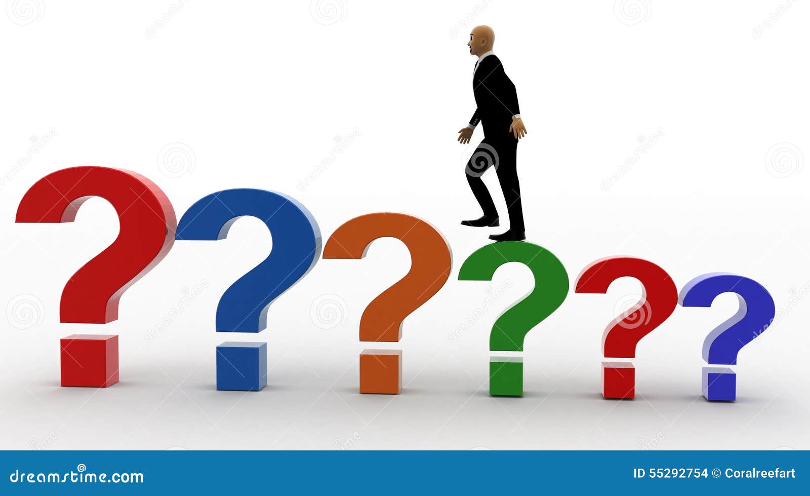 3d Bald Head Man Walking On Stair Steps Of Question Marks Stock Photo ...