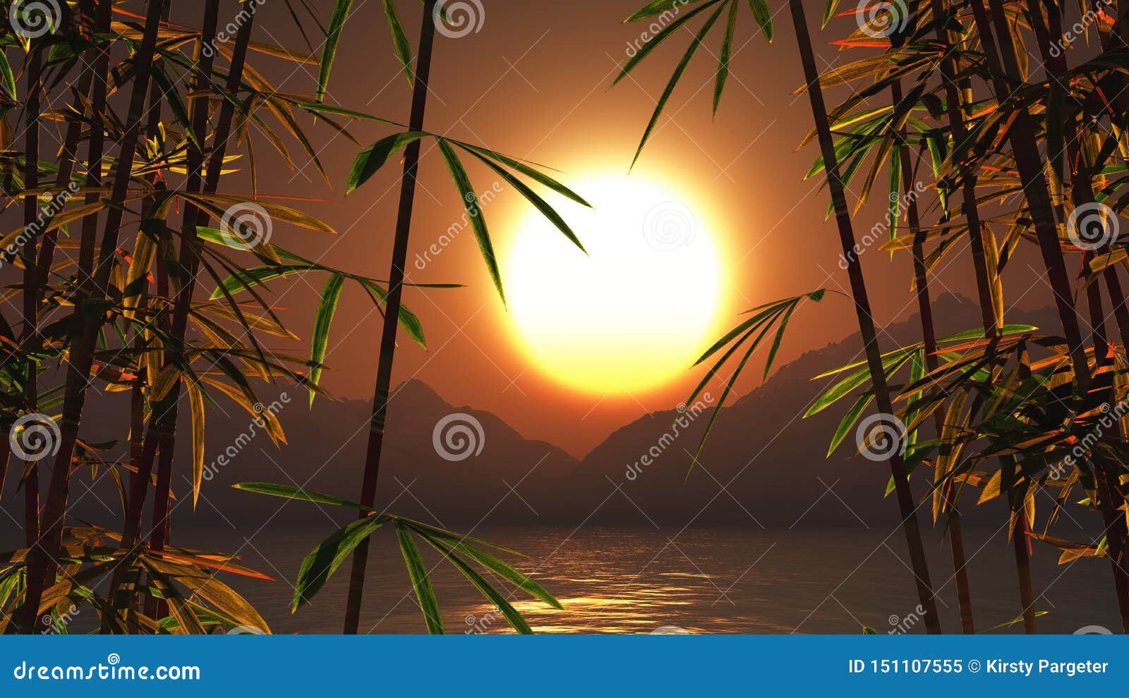 3D Bamboo Against a Sunset Landscape Stock Illustration - Illustration ...