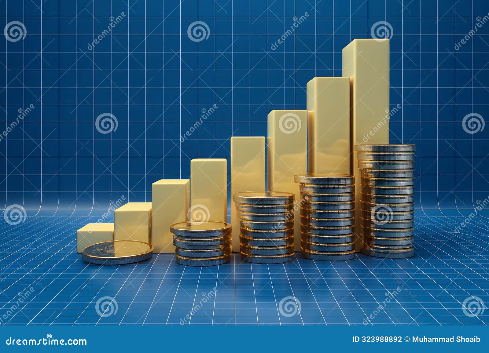 3D Bar Chart on Blue Grid Background with Stacks of Aligned Gold Coins ...