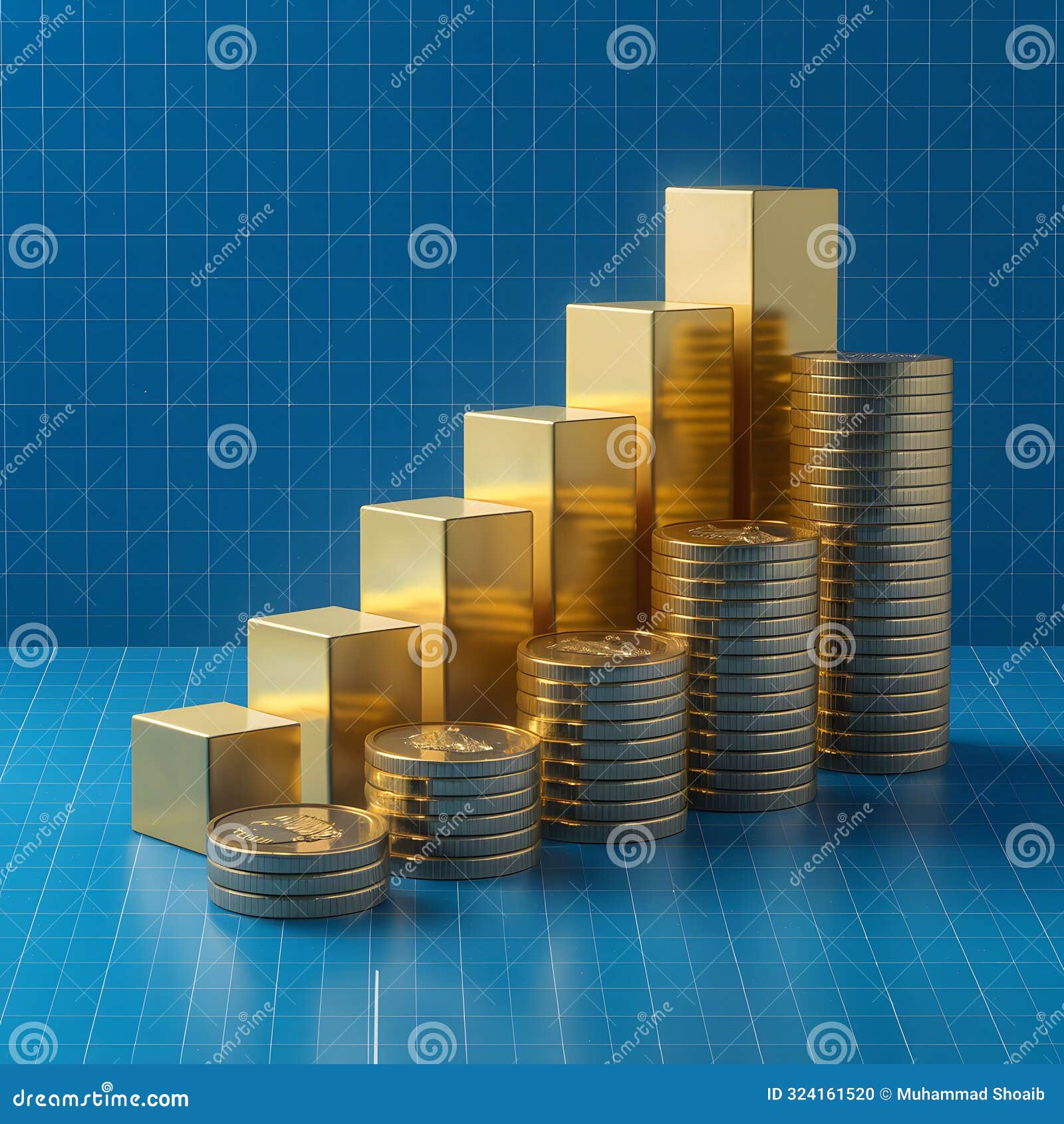 3D Bar Chart on Blue Grid Background with Stacks of Aligned Gold Coins ...