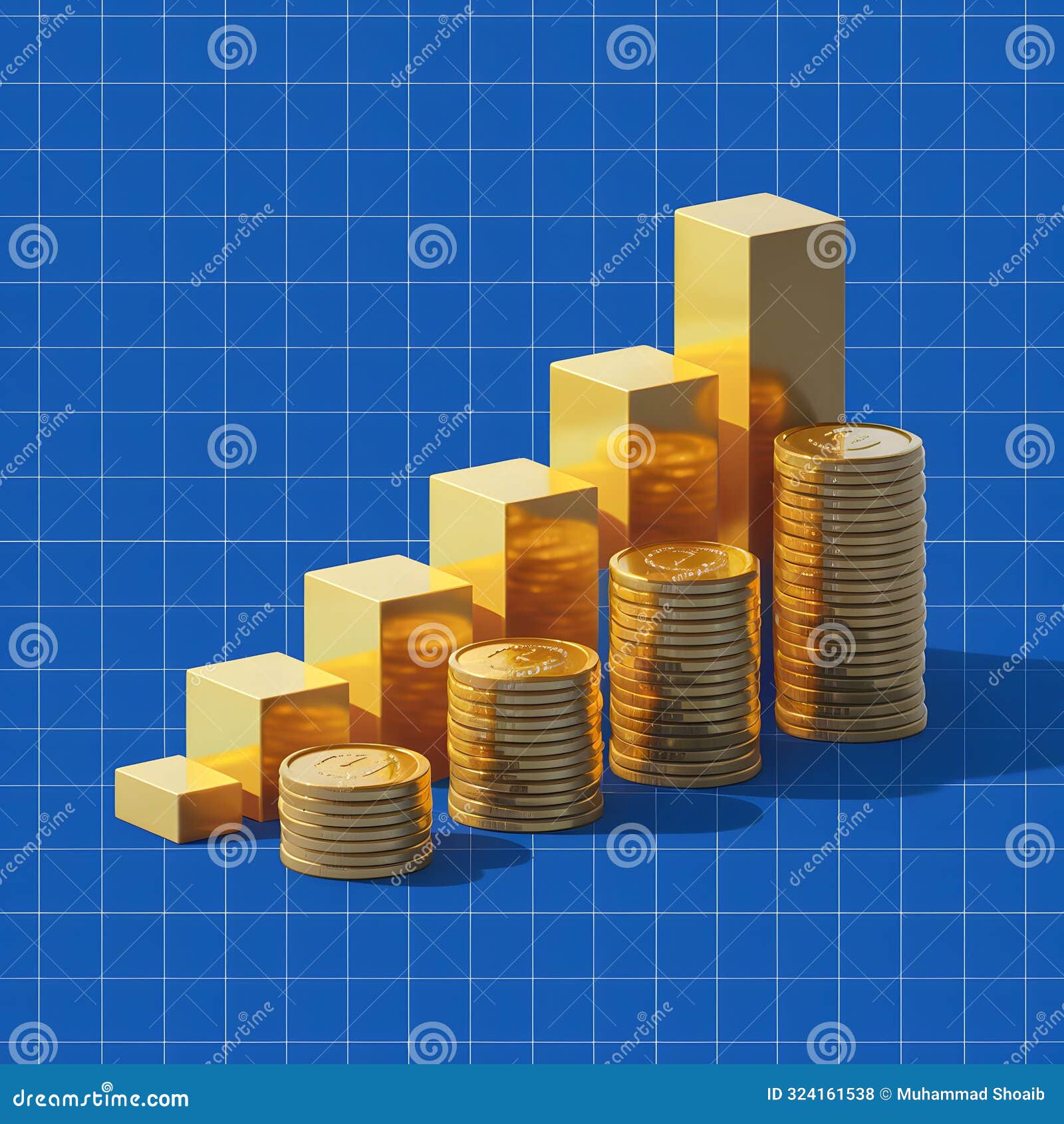 3D Bar Chart on Blue Grid Background with Stacks of Aligned Gold Coins ...