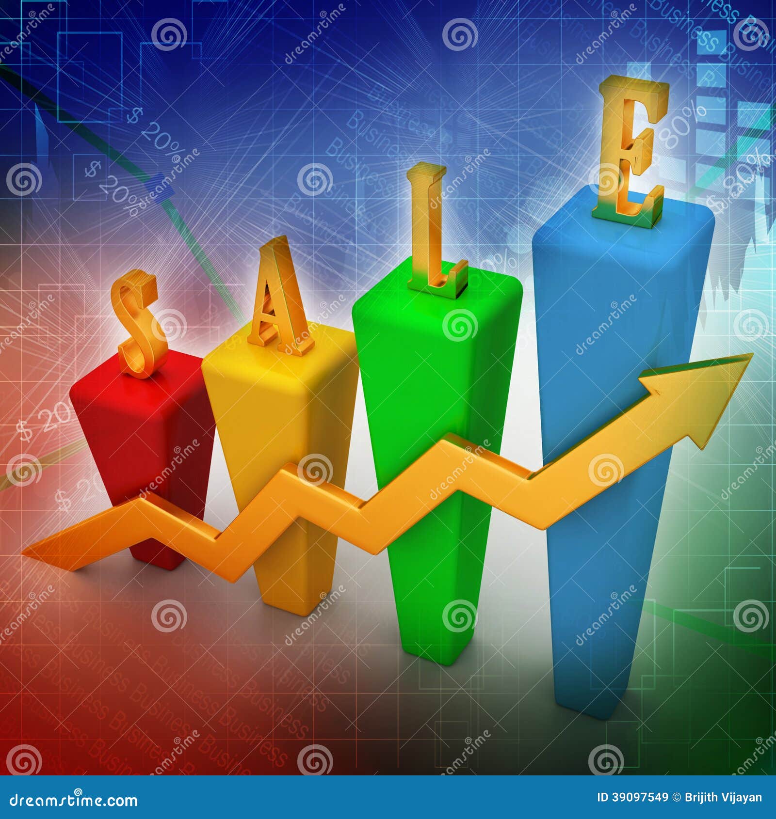 3D Bar Chart and Sales Growth Stock Illustration - Illustration of flow ...