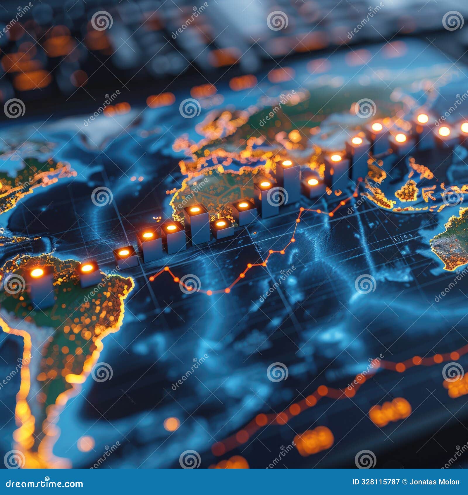 3D Bar Chart Showing Upward Trend on Blue World Map: Visu Stock Image ...
