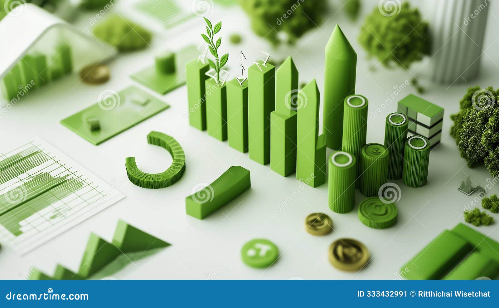 3D Bar Graph in Green, Representing Growth Stock Illustration ...